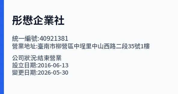 彤懋企業社的照片-統編 40921381(臺南市) 公司登記資料與營業項目詳細圖表