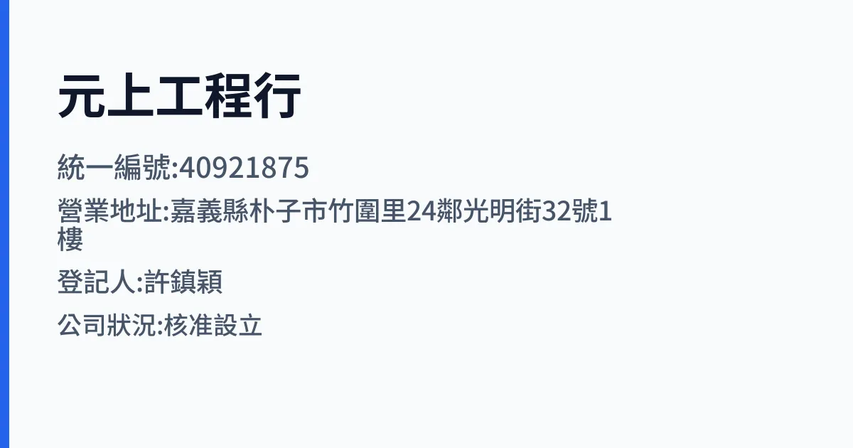 元上工程行 - 統編 40921875(嘉義縣) 公司登記資料與營業項目詳細圖表