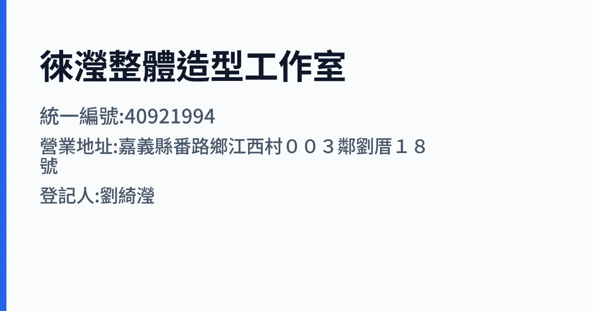 徠瀅整體造型工作室 - 統編 40921994(嘉義縣) 公司登記資料與營業項目詳細圖表