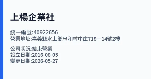 上楊企業社的照片-統編 40922656(嘉義縣) 公司登記資料與營業項目詳細圖表