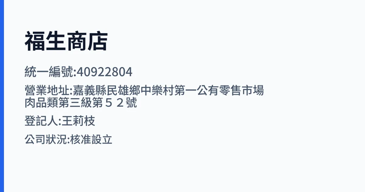 福生商店 - 統編 40922804(嘉義縣) 公司登記資料與營業項目詳細圖表