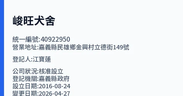 峻旺犬舍的照片-統編 40922950(嘉義縣) 公司登記資料與營業項目詳細圖表