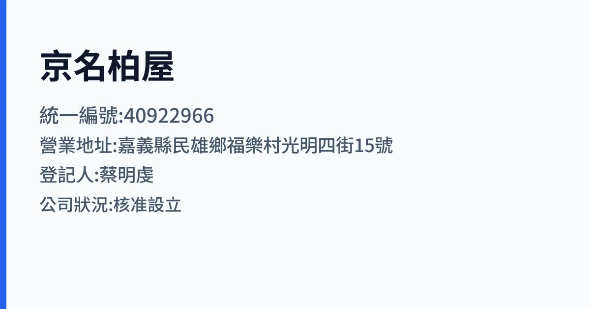 京名柏屋 - 統編 40922966(嘉義縣) 公司登記資料與營業項目詳細圖表