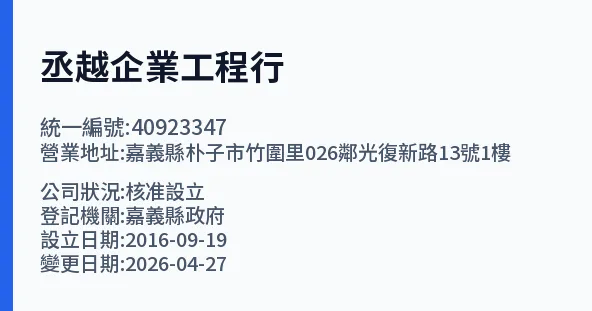 丞越企業工程行的照片-統編 40923347(嘉義縣) 公司登記資料與營業項目詳細圖表
