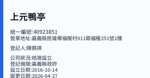 上元鴨亭的照片-統編 40923851(嘉義縣) 公司登記資料與營業項目詳細圖表