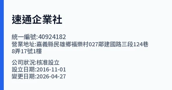 速通企業社的照片-統編 40924182(嘉義縣) 公司登記資料與營業項目詳細圖表