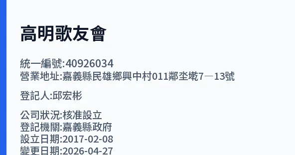 高明歌友會的照片-統編 40926034(嘉義縣) 公司登記資料與營業項目詳細圖表