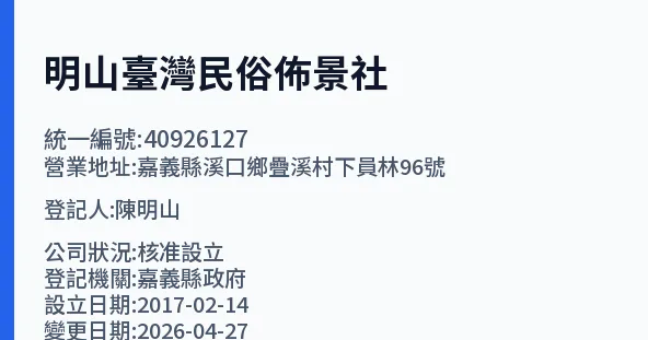 明山臺灣民俗佈景社的照片-統編 40926127(嘉義縣) 公司登記資料與營業項目詳細圖表