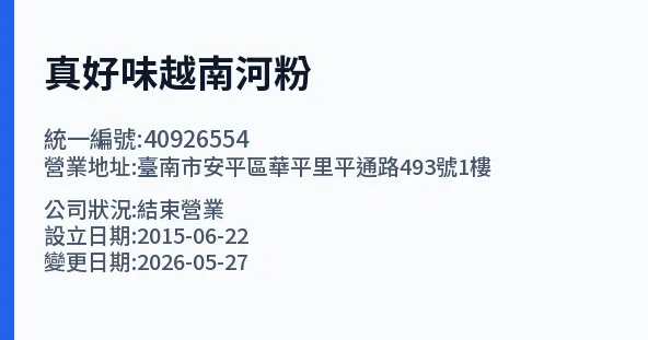 真好味越南河粉的照片-統編 40926554(臺南市) 公司登記資料與營業項目詳細圖表