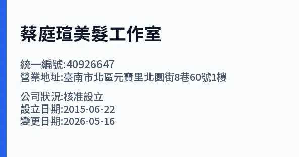 蔡庭瑄美髮工作室的照片-統編 40926647(臺南市) 公司登記資料與營業項目詳細圖表