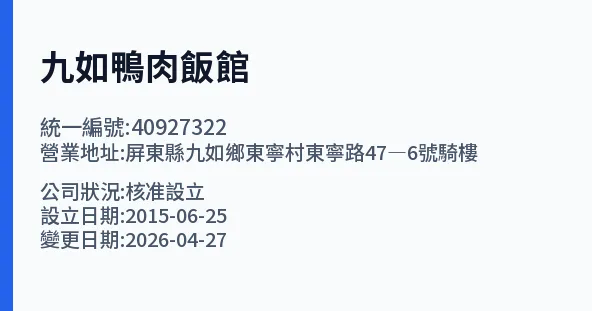 九如鴨肉飯館的照片-統編 40927322(屏東縣) 公司登記資料與營業項目詳細圖表