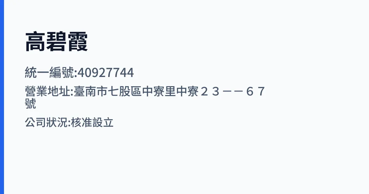 高碧霞 - 統編 40927744(臺南市) 公司登記資料與營業項目詳細圖表
