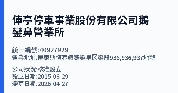俥亭停車事業股份有限公司鵝鑾鼻營業所的照片-統編 40927929(屏東縣) 公司登記資料與營業項目詳細圖表