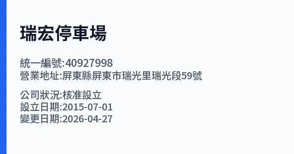 瑞宏停車場的照片-統編 40927998(屏東縣) 公司登記資料與營業項目詳細圖表
