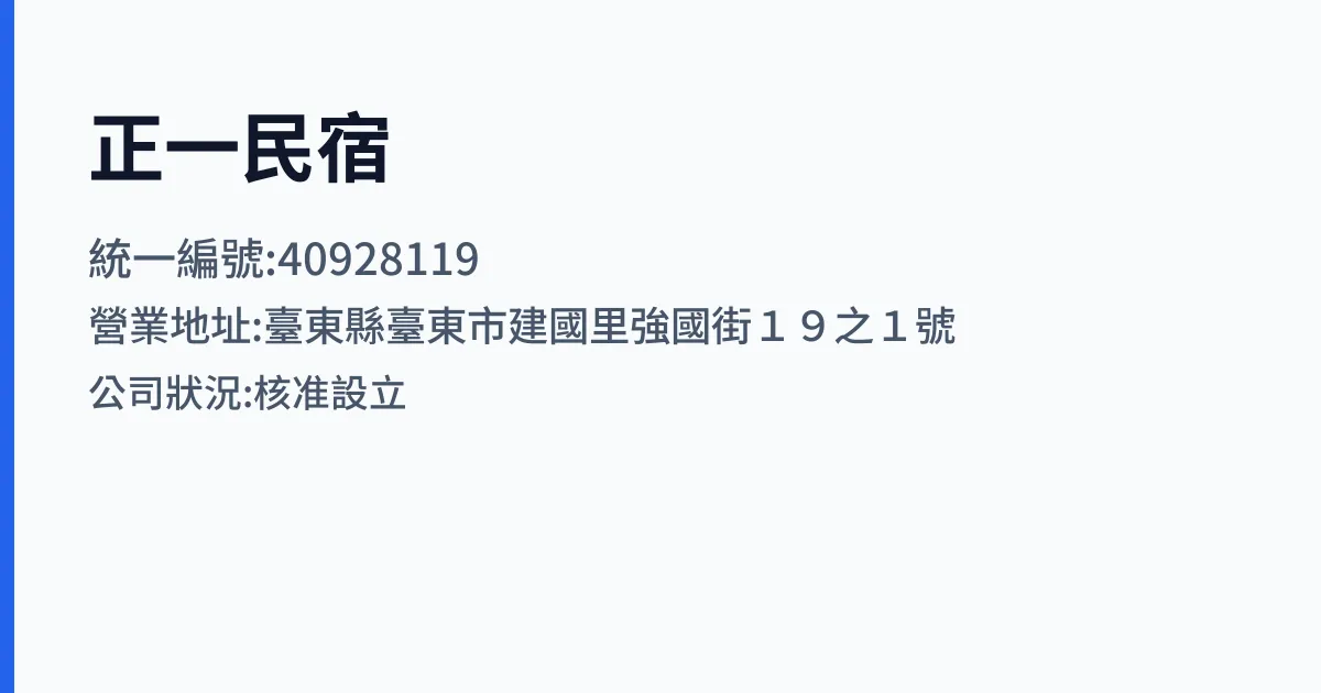 正一民宿 - 統編 40928119(臺東縣) 公司登記資料與營業項目詳細圖表