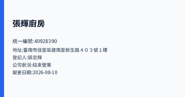 張輝廚房的照片-統編 40928390(臺南市) 公司登記資料與營業項目詳細圖表