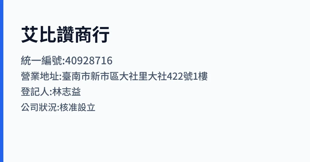 艾比讚商行 - 統編 40928716(臺南市) 公司登記資料與營業項目詳細圖表