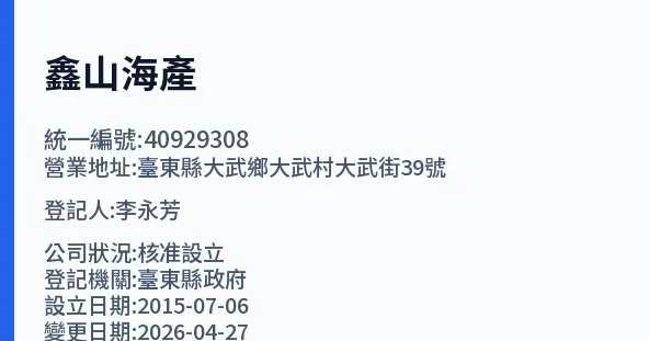 鑫山海產的照片-統編 40929308(臺東縣) 公司登記資料與營業項目詳細圖表