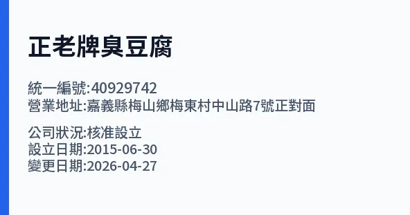 正老牌臭豆腐的照片-統編 40929742(嘉義縣) 公司登記資料與營業項目詳細圖表