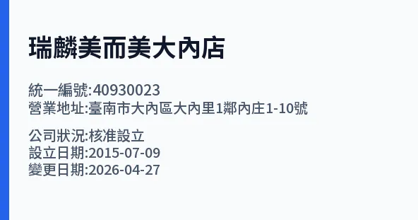 瑞麟美而美大內店的照片-統編 40930023(臺南市) 公司登記資料與營業項目詳細圖表