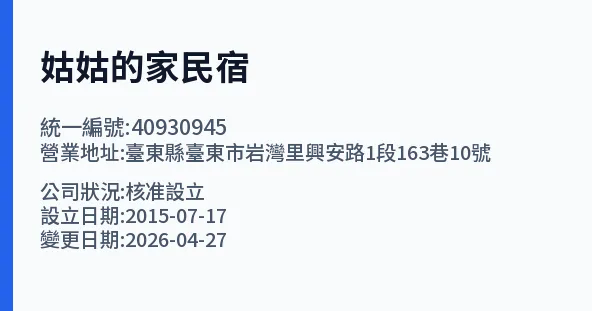 姑姑的家民宿的照片-統編 40930945(臺東縣) 公司登記資料與營業項目詳細圖表