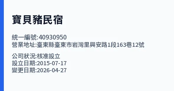 寶貝豬民宿的照片-統編 40930950(臺東縣) 公司登記資料與營業項目詳細圖表