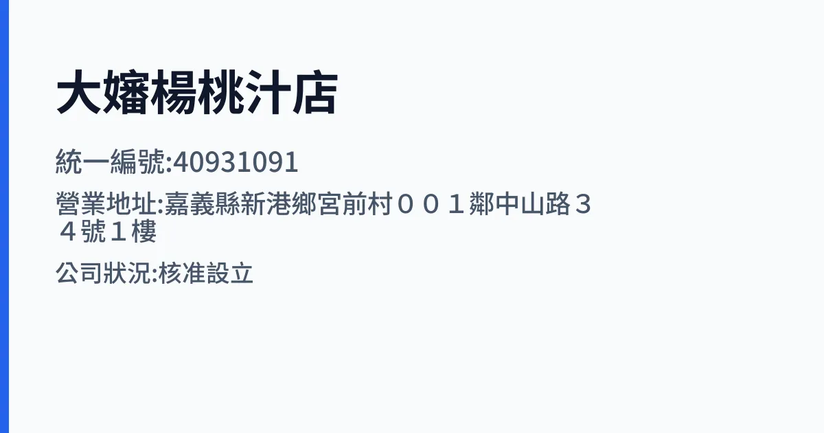 大嬸楊桃汁店 - 統編 40931091(嘉義縣) 公司登記資料與營業項目詳細圖表