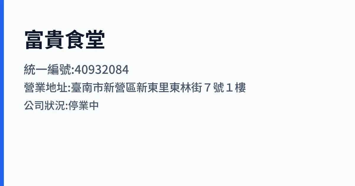 富貴食堂 - 統編 40932084(臺南市) 公司登記資料與營業項目詳細圖表
