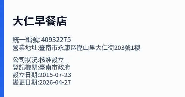 大仁早餐店的照片-統編 40932275(臺南市) 公司登記資料與營業項目詳細圖表