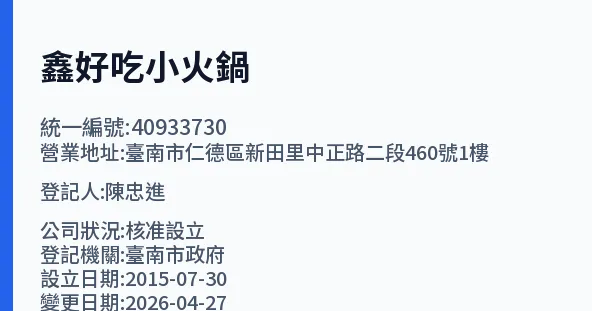 鑫好吃小火鍋的照片-統編 40933730(臺南市) 公司登記資料與營業項目詳細圖表