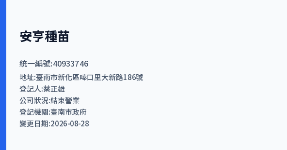 安亨種苗的照片-統編 40933746(臺南市) 公司登記資料與營業項目詳細圖表