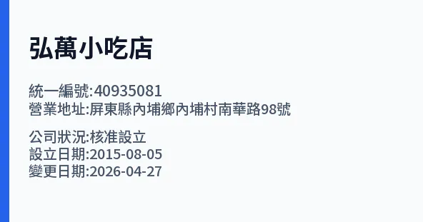弘萬小吃店的照片-統編 40935081(屏東縣) 公司登記資料與營業項目詳細圖表