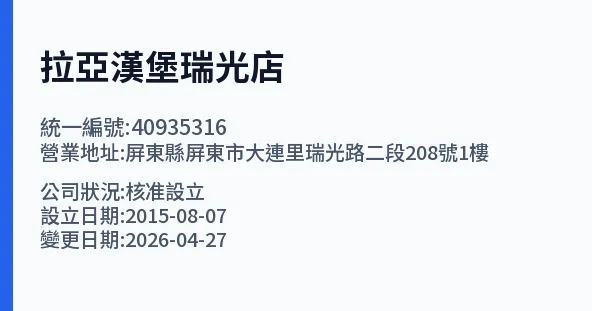 拉亞漢堡瑞光店的照片-統編 40935316(屏東縣) 公司登記資料與營業項目詳細圖表