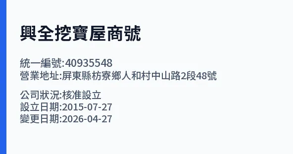 興全挖寶屋商號的照片-統編 40935548(屏東縣) 公司登記資料與營業項目詳細圖表