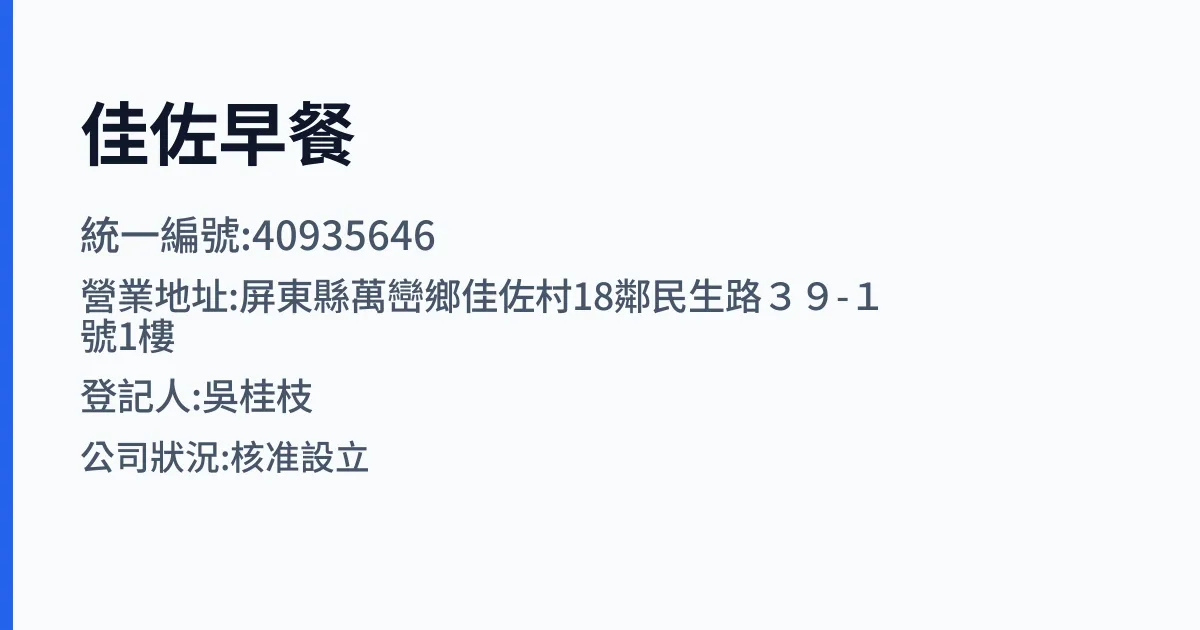 佳佐早餐 - 統編 40935646(屏東縣) 公司登記資料與營業項目詳細圖表