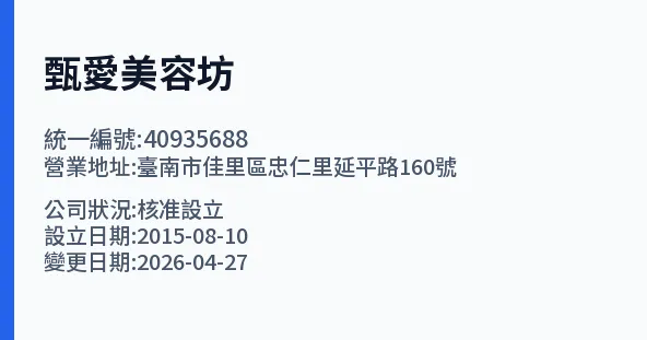 甄愛美容坊的照片-統編 40935688(臺南市) 公司登記資料與營業項目詳細圖表