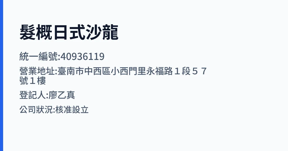 髮概日式沙龍 - 統編 40936119(臺南市) 公司登記資料與營業項目詳細圖表