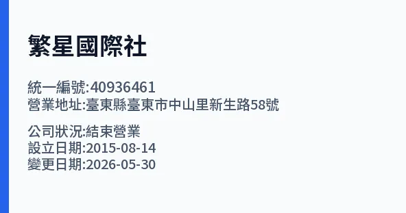 繁星國際社的照片-統編 40936461(臺東縣) 公司登記資料與營業項目詳細圖表