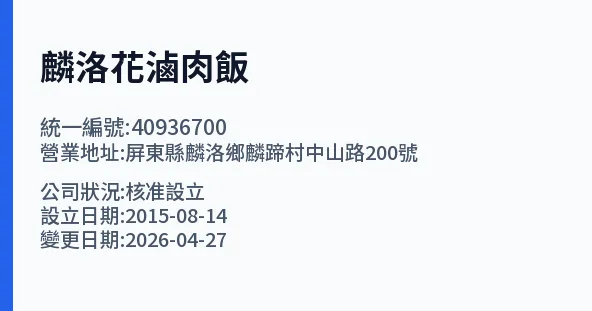 麟洛花滷肉飯的照片-統編 40936700(屏東縣) 公司登記資料與營業項目詳細圖表