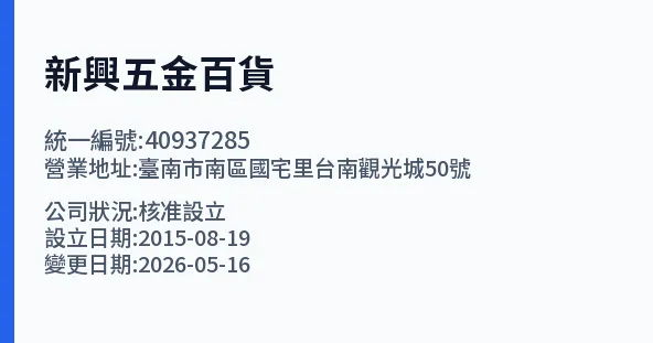 新興五金百貨的照片-統編 40937285(臺南市) 公司登記資料與營業項目詳細圖表