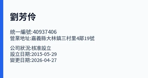 劉芳伶的照片-統編 40937406(嘉義縣) 公司登記資料與營業項目詳細圖表