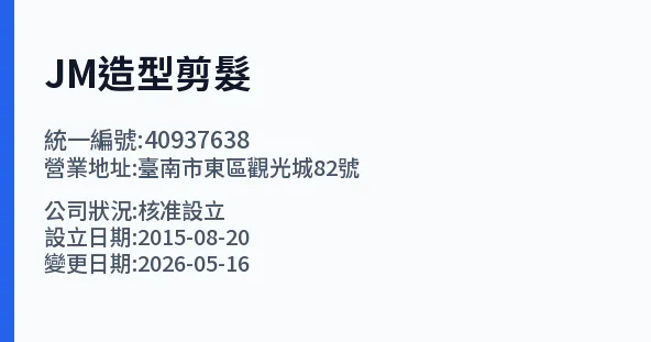 JM造型剪髮的照片-統編 40937638(臺南市) 公司登記資料與營業項目詳細圖表