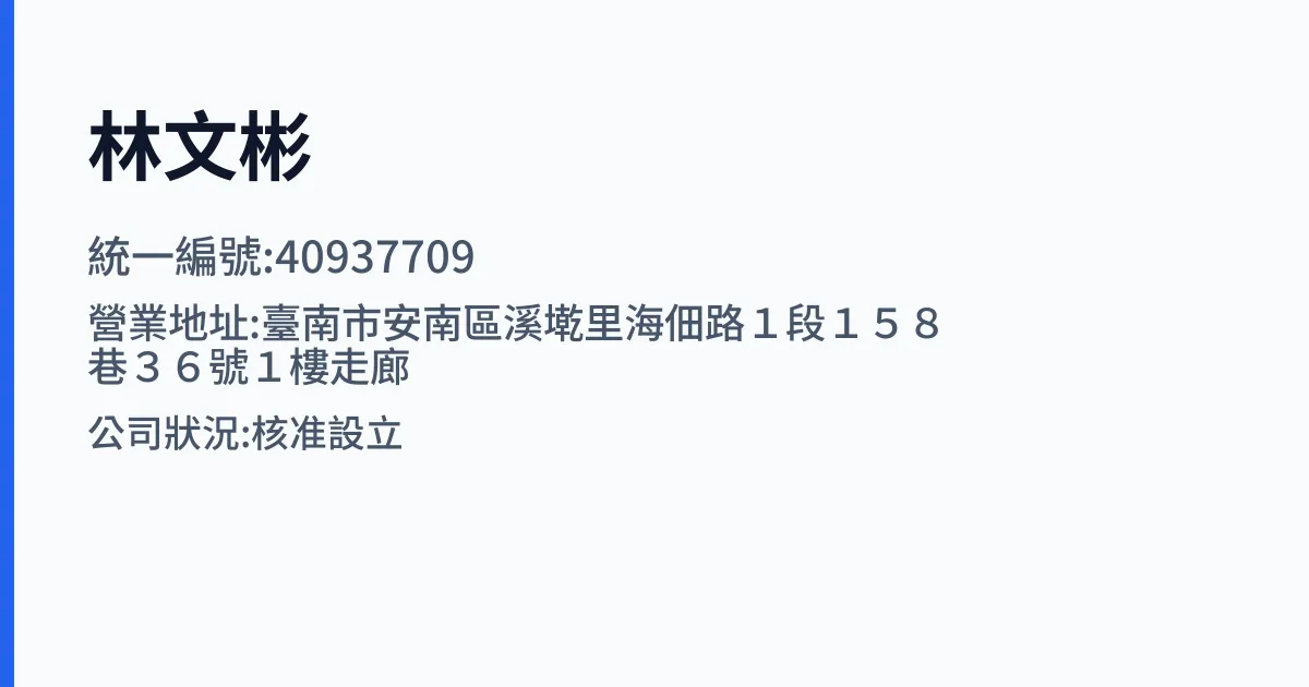 林文彬 - 統編 40937709(臺南市) 公司登記資料與營業項目詳細圖表