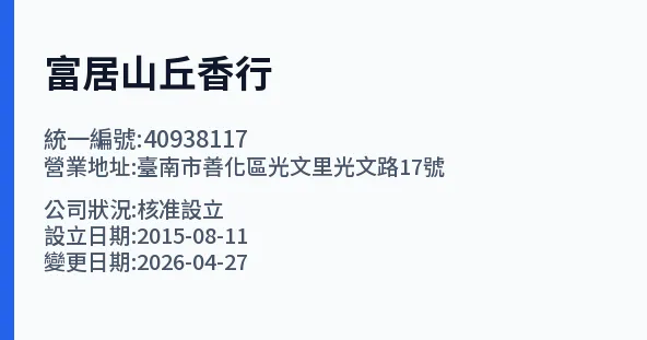 富居山丘香行的照片-統編 40938117(臺南市) 公司登記資料與營業項目詳細圖表