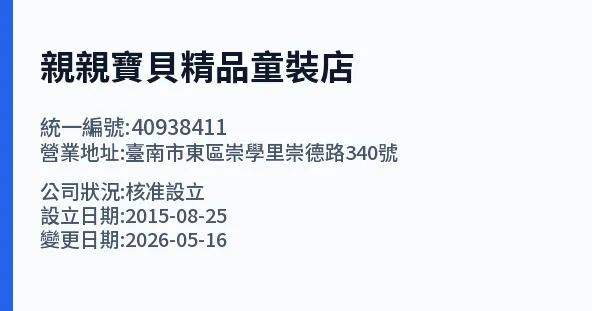 親親寶貝精品童裝店的照片-統編 40938411(臺南市) 公司登記資料與營業項目詳細圖表