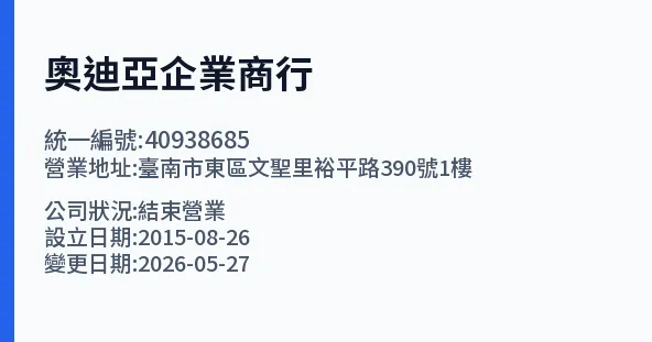 奧迪亞企業商行的照片-統編 40938685(臺南市) 公司登記資料與營業項目詳細圖表