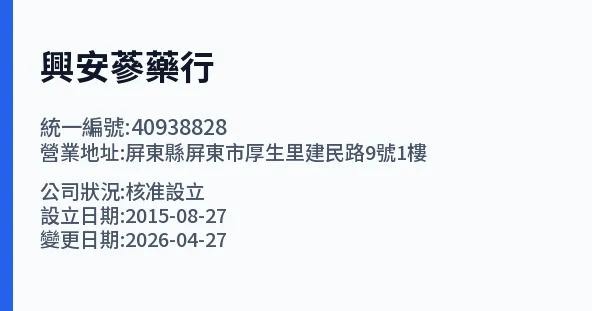 興安蔘藥行的照片-統編 40938828(屏東縣) 公司登記資料與營業項目詳細圖表