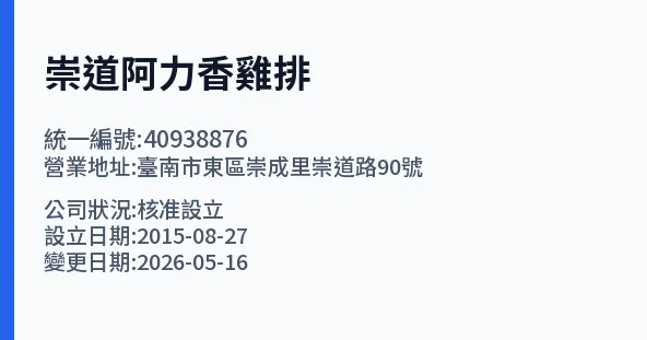 崇道阿力香雞排的照片-統編 40938876(臺南市) 公司登記資料與營業項目詳細圖表