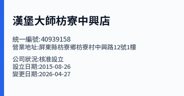 漢堡大師枋寮中興店的照片-統編 40939158(屏東縣) 公司登記資料與營業項目詳細圖表