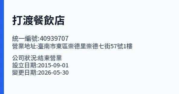 打渡餐飲店的照片-統編 40939707(臺南市) 公司登記資料與營業項目詳細圖表